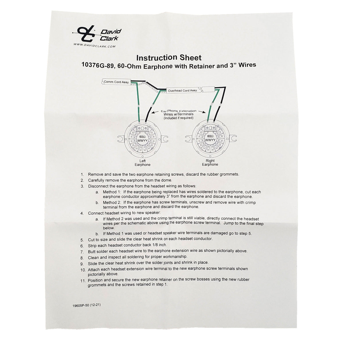 David Clark 10376G-89 Earphone Assembly – 60 Ohm with 3" Leads – Pilots ...