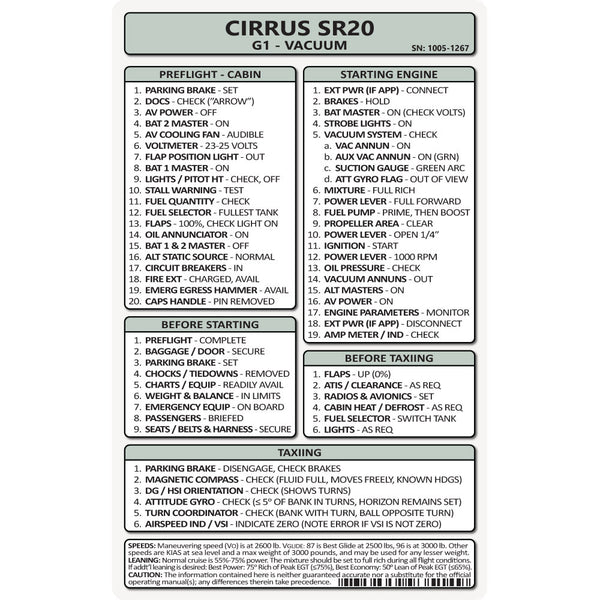 Pocket Checklist, Cirrus SR20 G1 – Pilots HQ LLC.