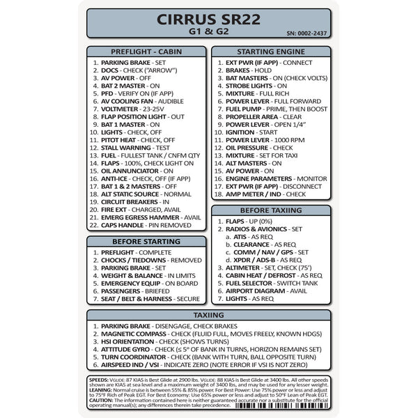 Pocket Checklist, Cirrus SR22 G1/G2 – Pilots HQ LLC.