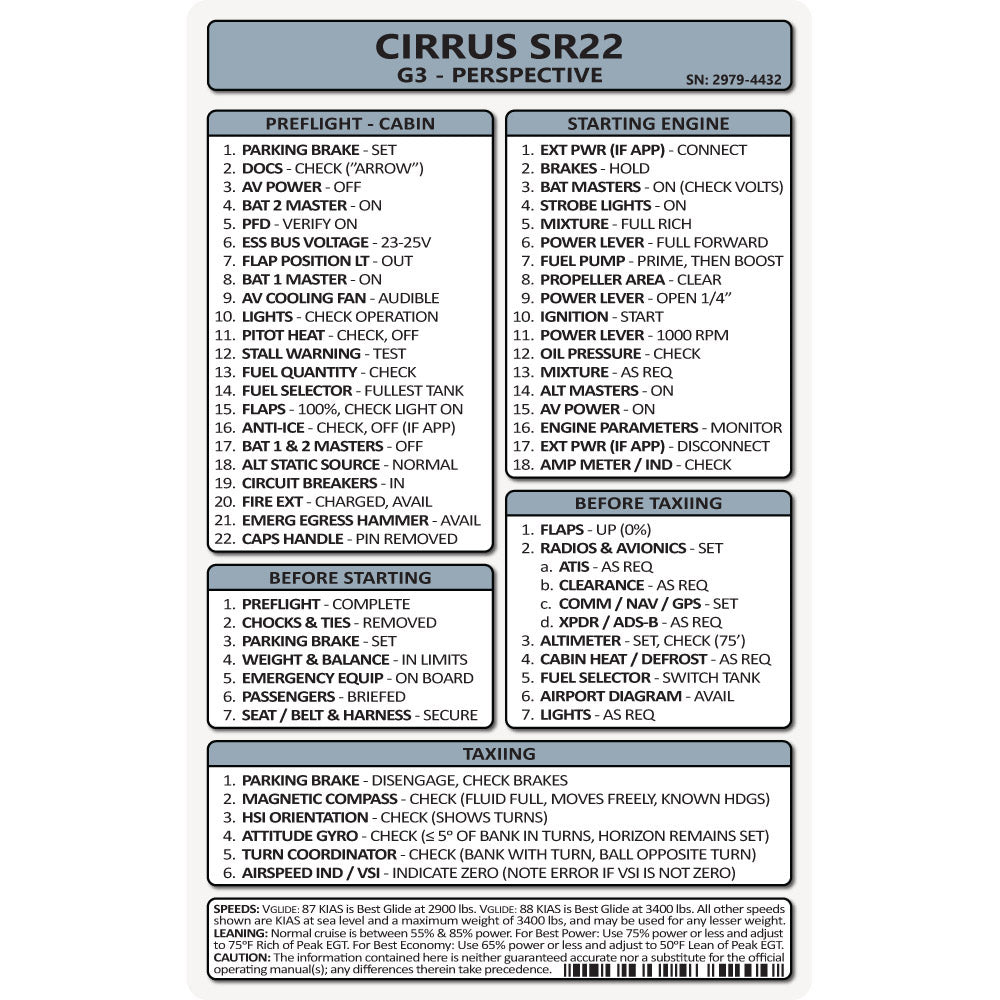 Pocket Checklist, Cirrus SR22 G3 Perspective – Pilots HQ LLC.