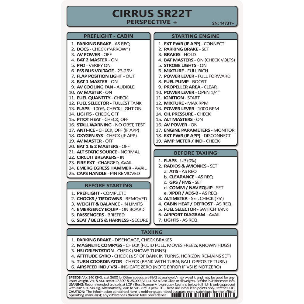 Pocket Checklist, Cirrus SR22T Perspective + – Pilots HQ LLC.